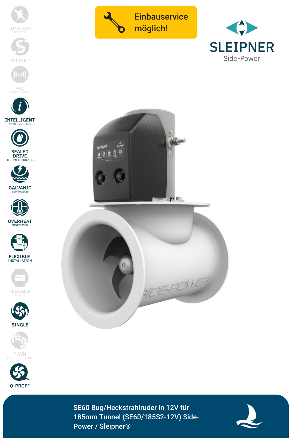 SE60 Bug/Heckstrahlruder in 12V für 185mm Tunnel (SE60/185S2-12V) Side ...